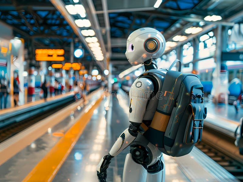 AI-Generated Image of a Robot is Walking Down a Train Platform with a ...