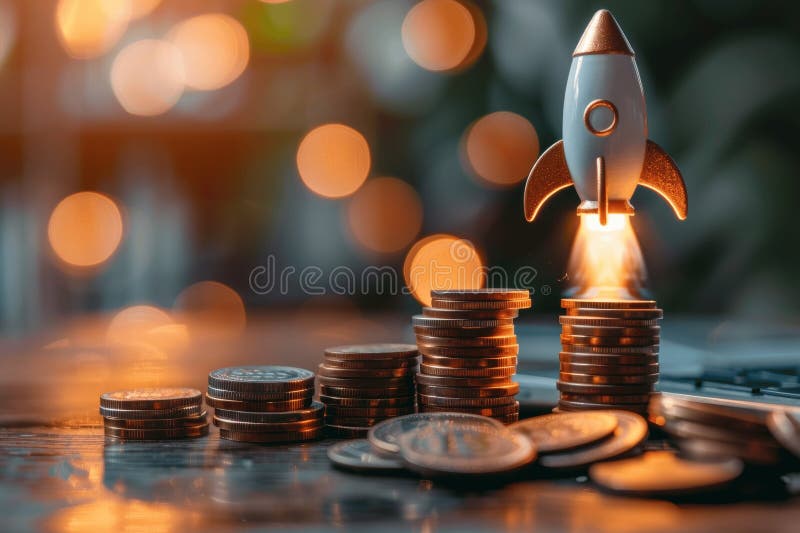 AI-generated Image of Rocket on Coin Stack in Green Background with ...