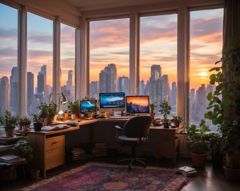 AI-generated Image of a Room with Computer Desk, Plants, and Large ...