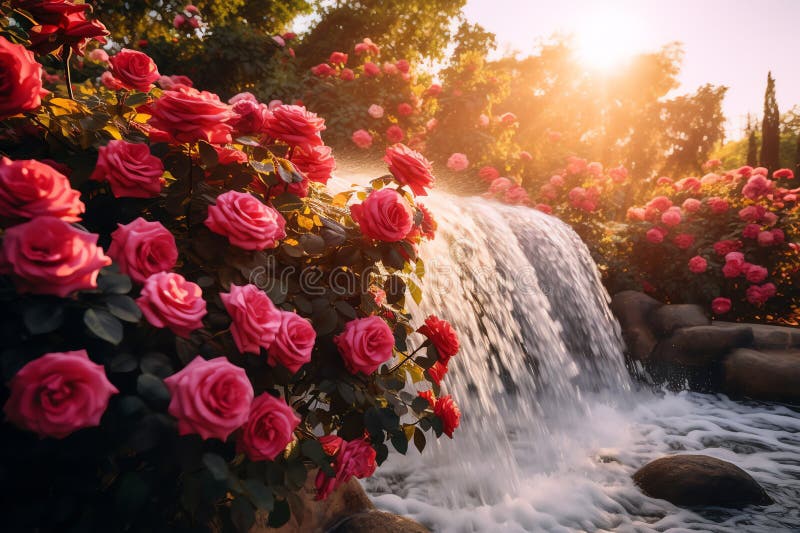Rose Fields Waterfalls with Many Bright Roses and Sunlight Beautiful ...