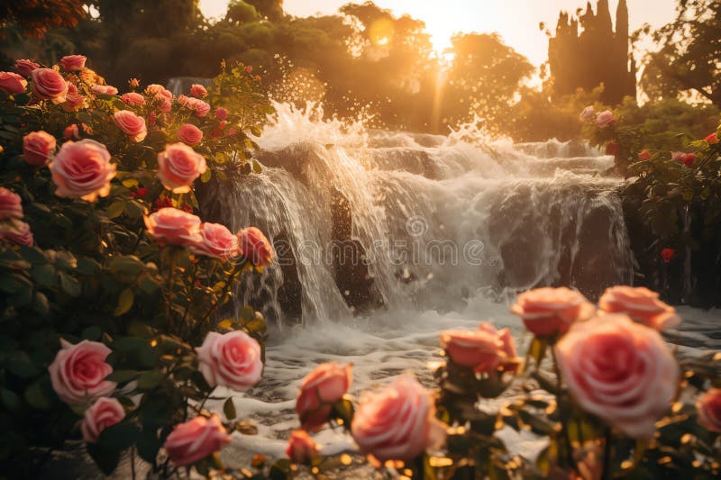Rose Fields Waterfalls with Many Bright Roses and Sunlight Beautiful ...