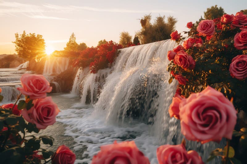 Rose Fields Waterfalls with Many Bright Roses and Sunlight Beautiful ...