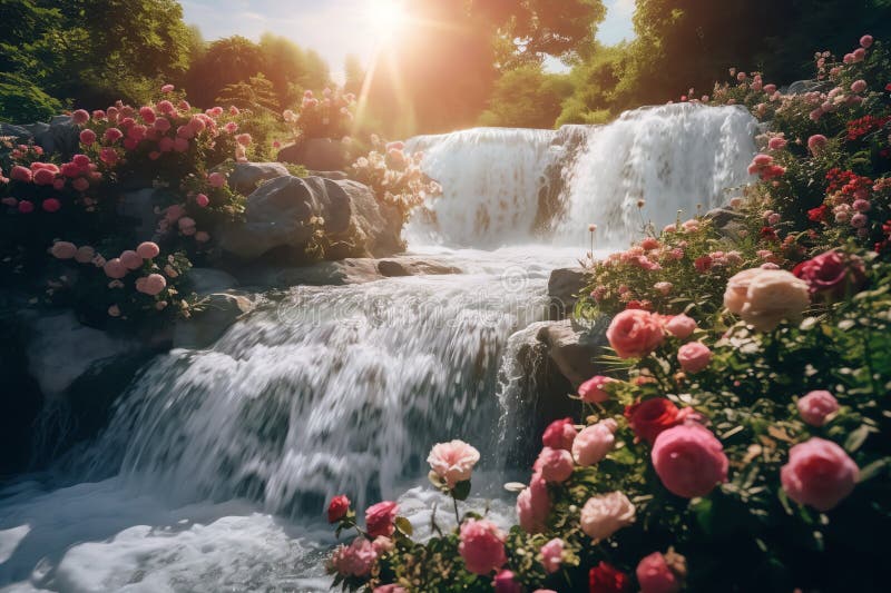 Rose Fields Waterfalls with Many Bright Roses and Sunlight Beautiful ...