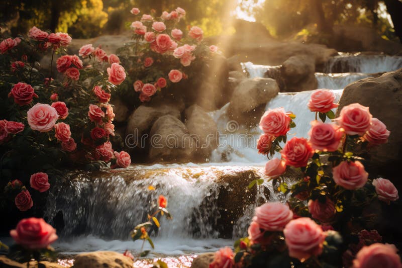 Rose Fields Waterfalls with Many Bright Roses and Sunlight Beautiful ...