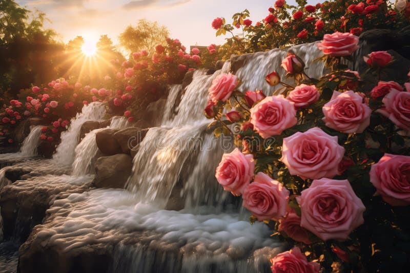 Rose Fields Waterfalls with Many Bright Roses and Sunlight Beautiful ...