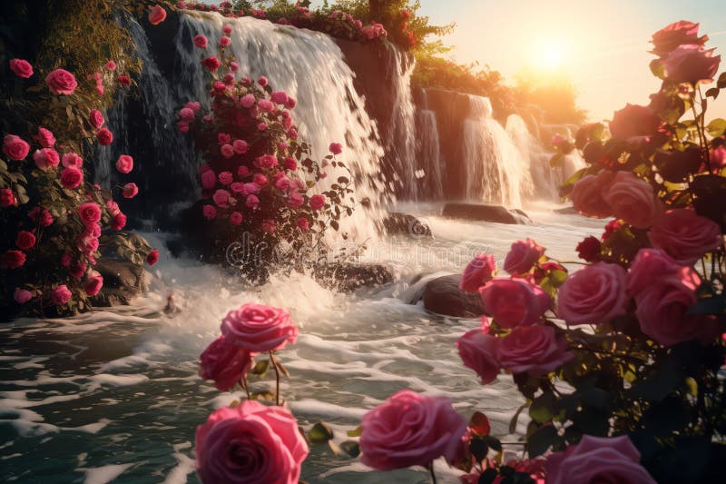 Rose Fields Waterfalls with Many Bright Roses and Sunlight Beautiful ...