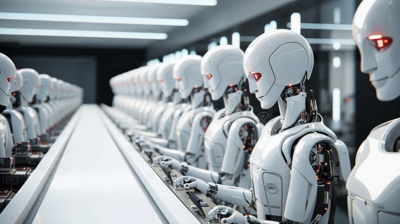 Rows Of Robots Work On An Assembly Line In A Factory Stock Illustration
