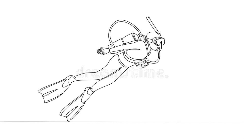 Scuba Diver Concept in One Continuous Line Drawing with Doodle Vector ...