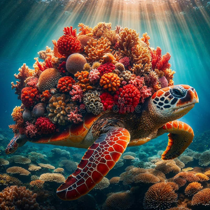AI-generated Image of a Sea Turtle with a Coral Reef Shell Stock Photo ...