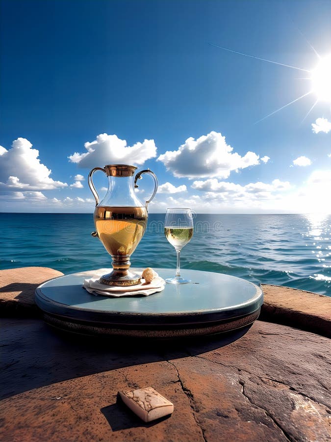AI Generated Image, Seaside Scene with a Golden Glass Jug Containing ...