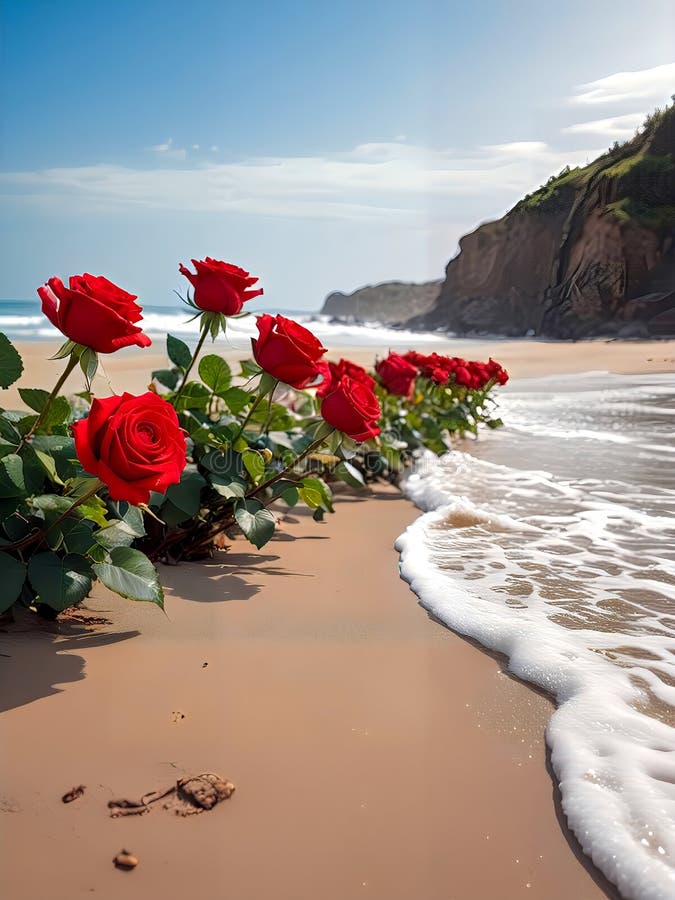 AI-generated Image, Set of Red Roses Arranged Along the Beachfront ...