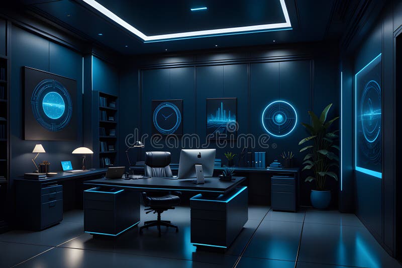Ai Generated Image of a Blue Neon Office Space, Radiating an Atmosphere ...