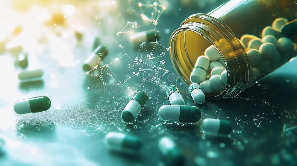 Yellow Capsules Spilling from a Bottle with a Molecular Structure ...