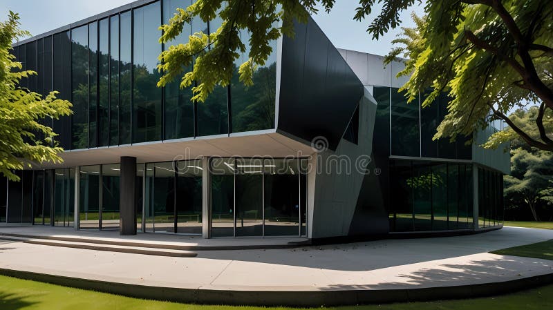 Futuristic Office Building with Sharp Angles and Lush Greenery Stock ...