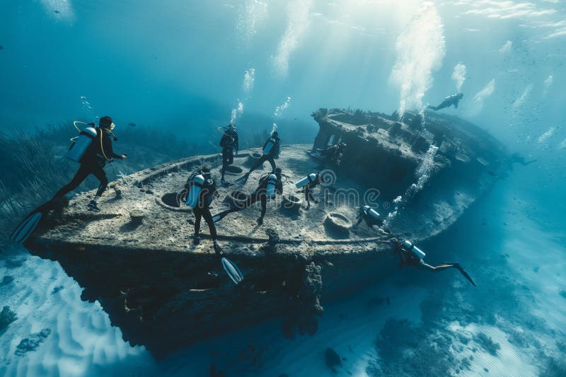 Scuba Divers Exploring an Underwater Shipwreck Stock Illustration ...