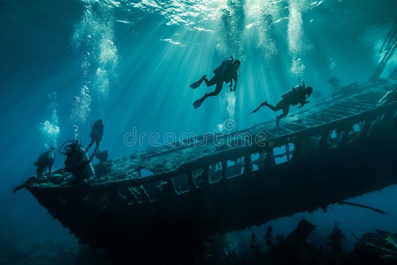 Scuba Divers Exploring an Underwater Shipwreck Stock Illustration ...