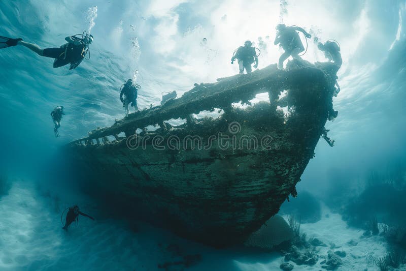 Scuba Divers Exploring an Underwater Shipwreck Stock Illustration ...