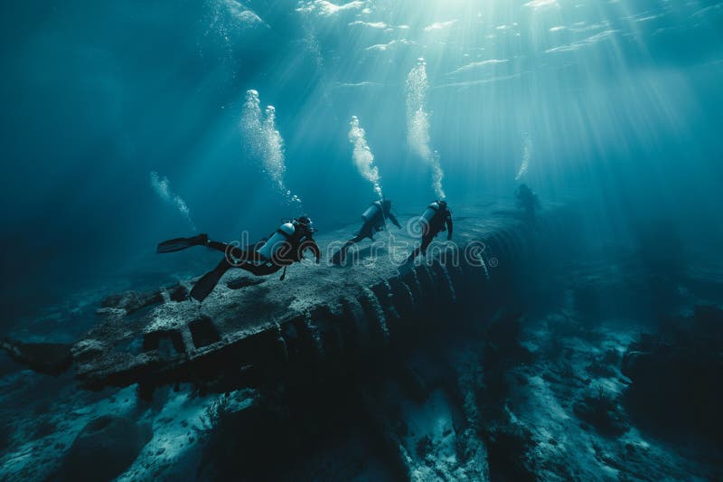 Scuba Divers Exploring an Underwater Shipwreck Stock Illustration ...