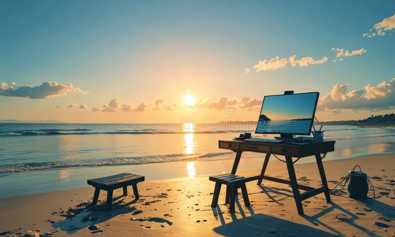Laptop Computer on Desk Beach Stock Illustration - Illustration of ...