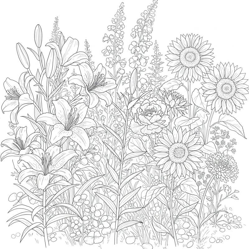 Minimal Line Art Flower Garden Outlines Stock Illustration ...