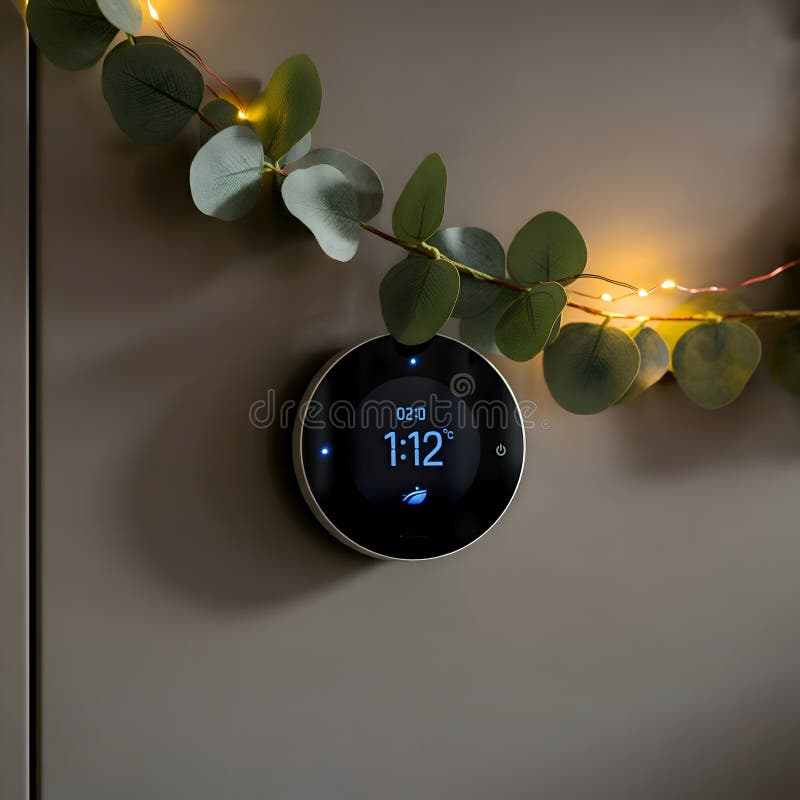 Round Digital Thermostat with Time and Temperature on Gray Wall ...