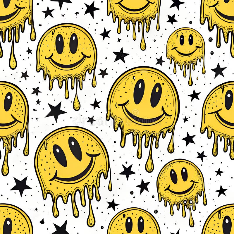 Melting Smiley Faces Seamless Pattern with Stars on White Background ...