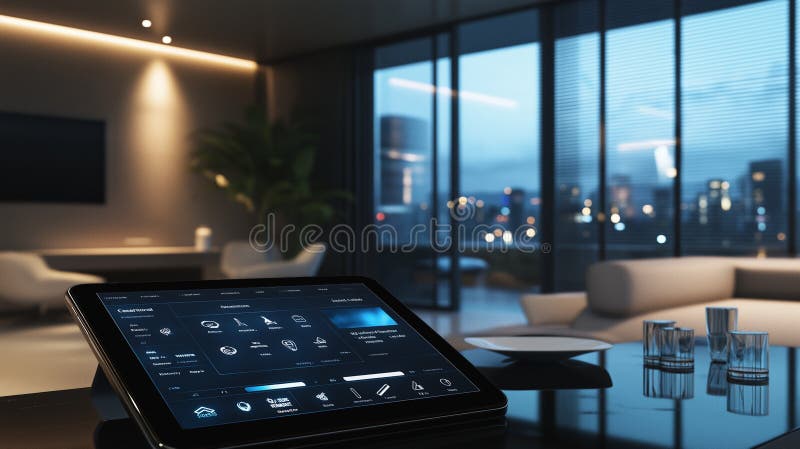 Smart Home Control Tablet in a Modern Luxury Apartment at Night Stock ...