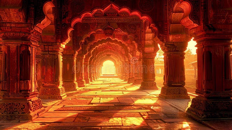 Vibrant Sunset Illuminates Ancient Architectural Corridor with Arches ...