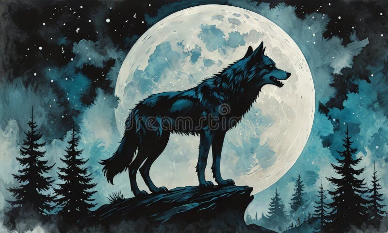 Wolf Standing on Rock in Front Full Moon Stock Illustration ...