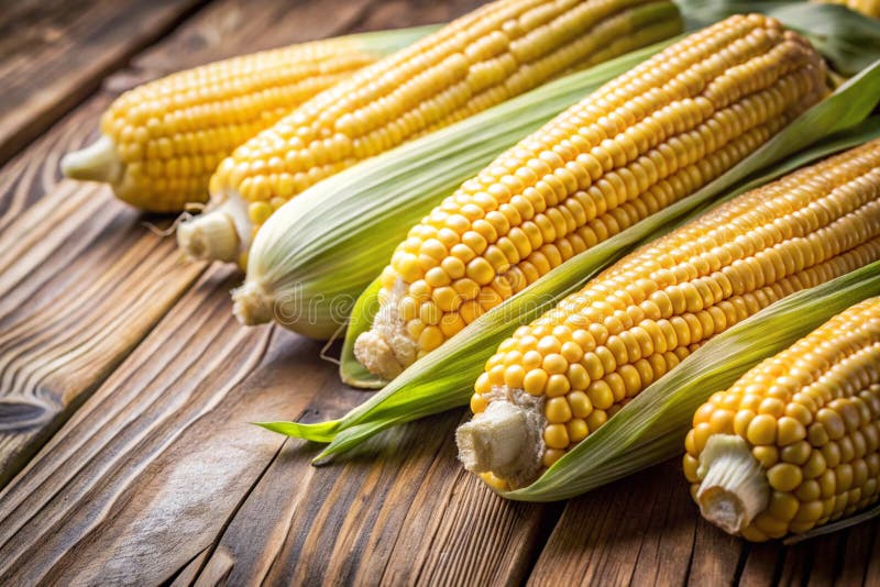 Fresh Corn Cobs Display. a Close-up View of Fresh Corn Cobs on Oak ...