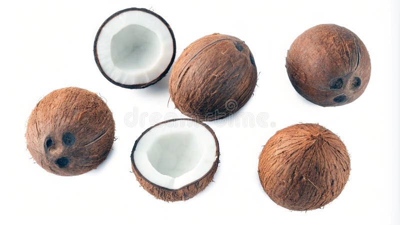 Group of Coconuts Scattered on White Background - AI-Generated Food Art ...