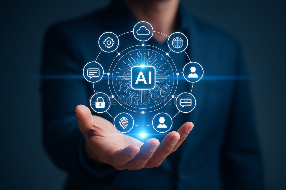 AI Generated Image Showing a Human Hand Projecting a Glowing AI Interface Surrounded by ...