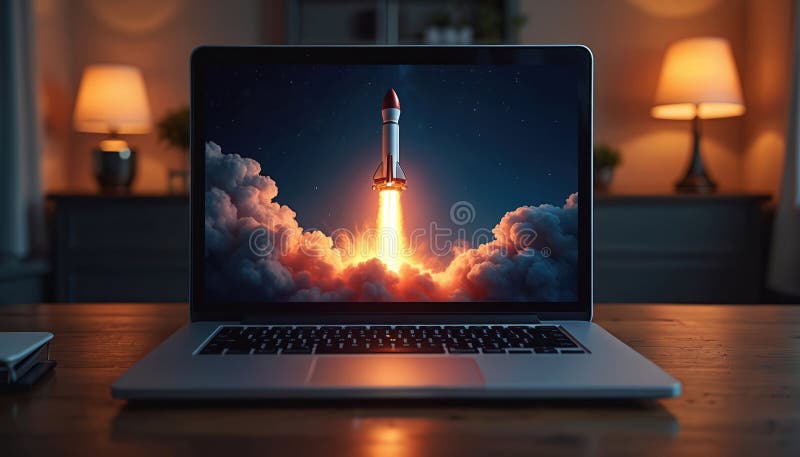 AI-generated Image Showing Rocket Launch from Laptop Screen. Flames ...