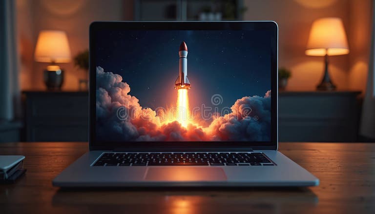 AI-generated Image Showing Rocket Launch from Laptop Screen. Flames ...