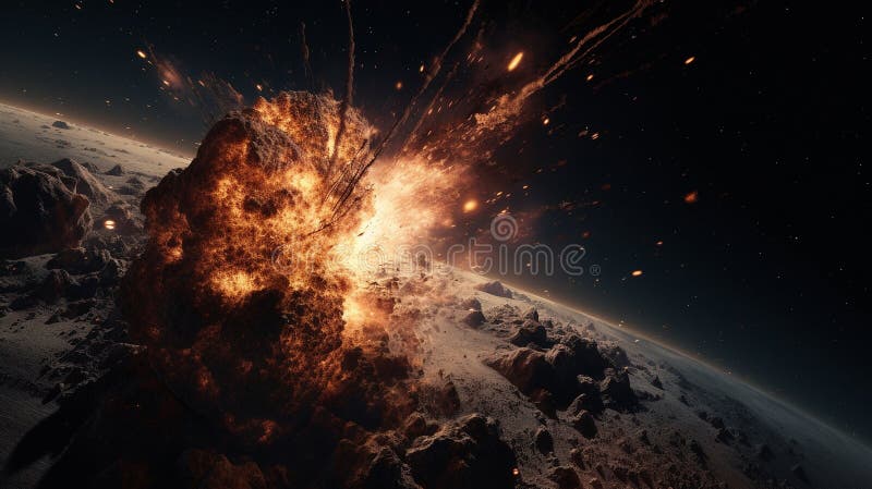 A Massive Asteroid Impact, with Fiery Debris Flying through Space Stock ...