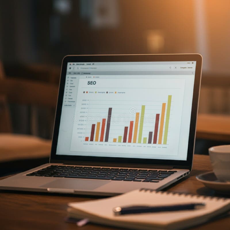 AI-Generated Laptop with SEO Performance Graph, Notepad, and Pen on ...