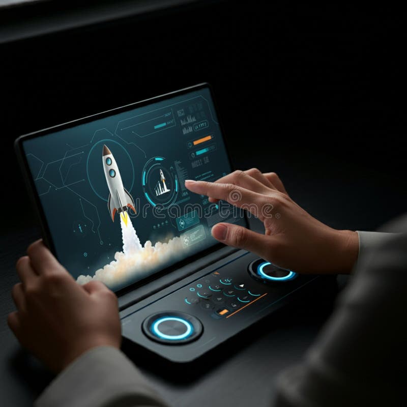 AI-Generated Image of Person Using Futuristic Tablet Displaying Rocket ...