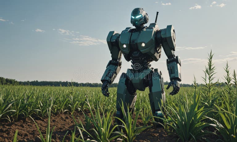 Robot Standing in Field Corn Stock Illustration - Illustration of grass ...
