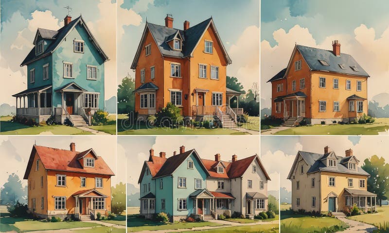 Series four houses stock illustration. Illustration of retro - 330494674