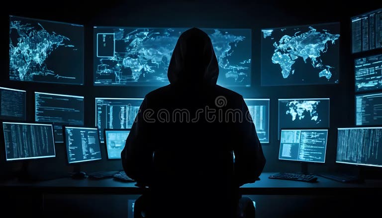Silhouette of a Hacker in a Dark Room Full of Computers Hacking Stock Illustration ...