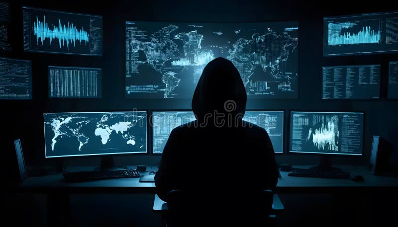 Silhouette of a Hacker in a Dark Room Full of Computers Hacking Stock ...