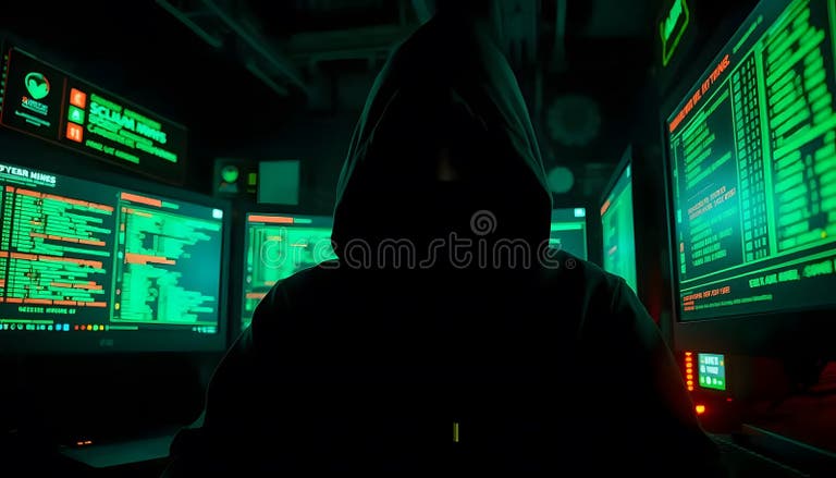 Silhouette of a Hacker in a Dark Room Full of Computers Hacking Stock ...