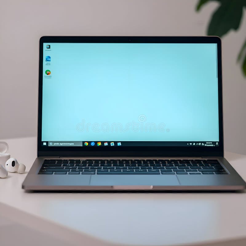 Silver Laptop with Light Blue Screen and Wireless Earbuds - AI ...