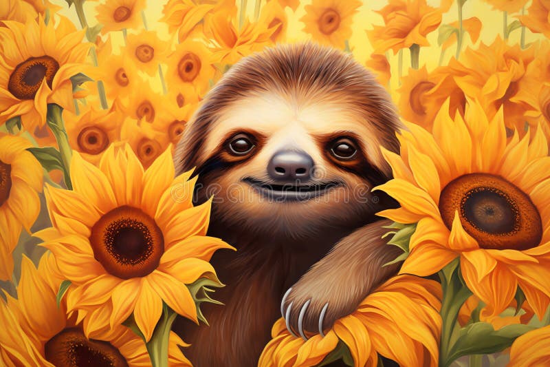 Sloth Standing in Sunflower Field Stock Illustration - Illustration of ...