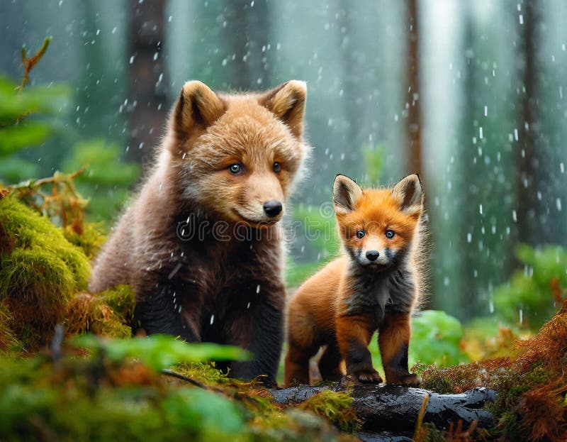 A Bear Cub and Fox Puppy in the Rain Stock Illustration - Illustration ...