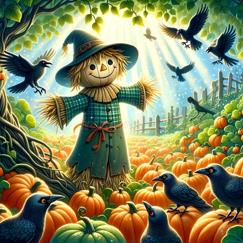 Cheerful Scarecrow and Crows in a Magical Pumpkin Patch. AI-generated Stock Illustration ...