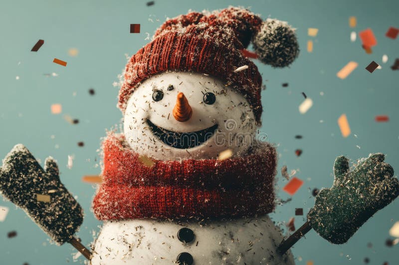 Snowman in Red Scarf and Hat on Blue Background with Confetti. Stock ...