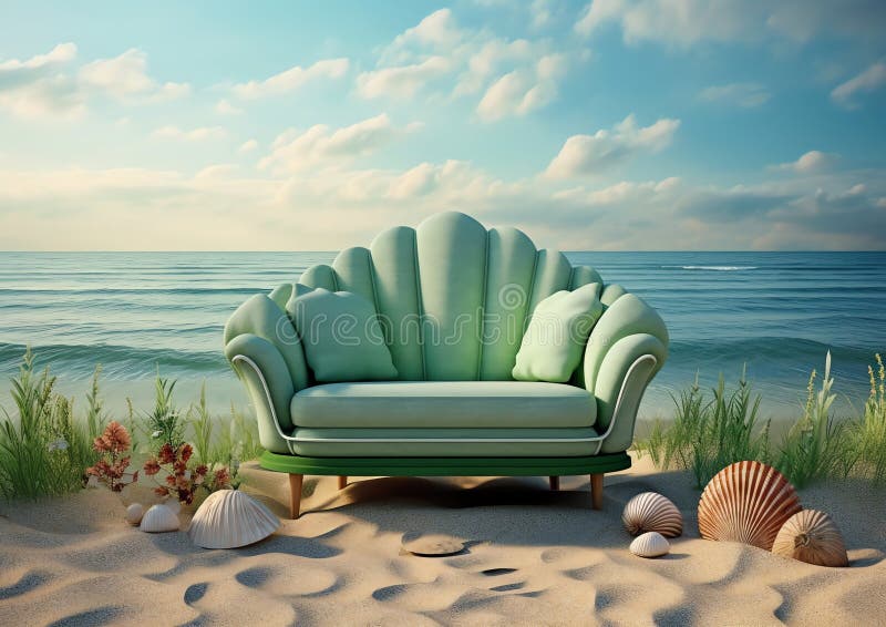 Sofa Green Seashells, Beach Memaid Style Sofa with Beautiful View Stock ...