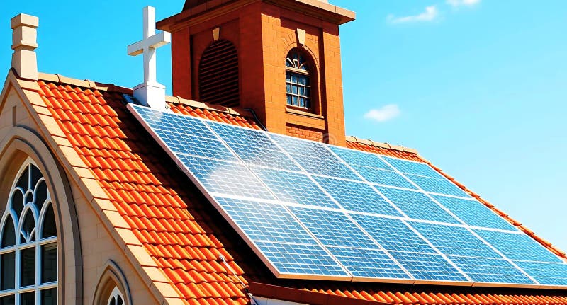 Solar Panels on Church Roof Side View Stock Illustration - Illustration ...