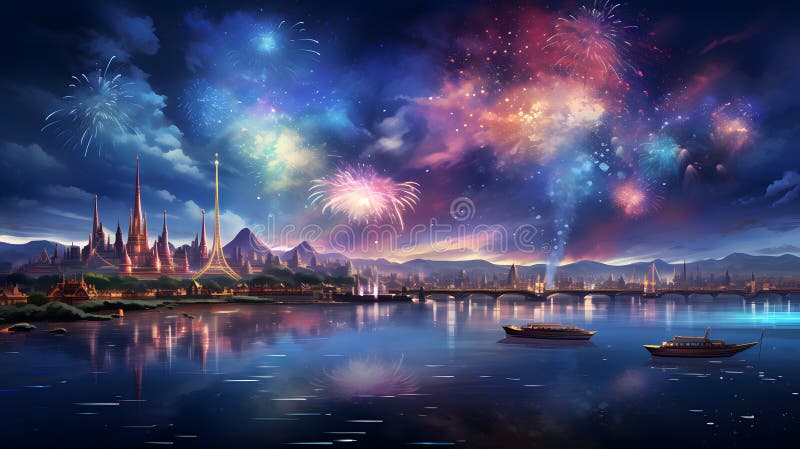 Spectacular Fireworks Display in a Landscape, Celebrating Freedom and ...